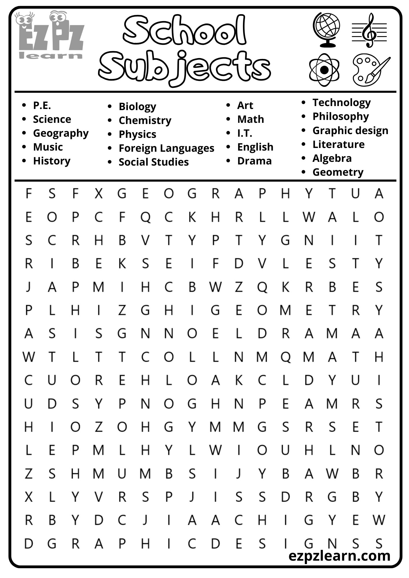 School Subjects Vocabulary Word Search for Homeschool and ESL Students ...